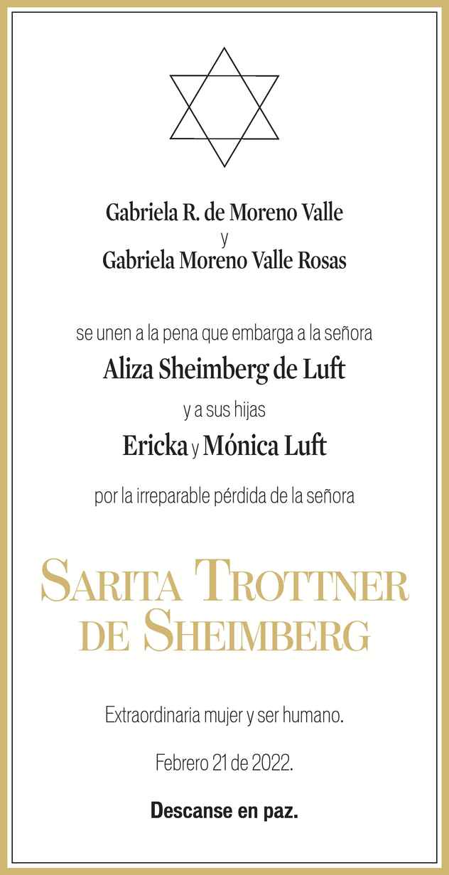 Señora Sarita Trottner De Sheimberg Obituario Esquela