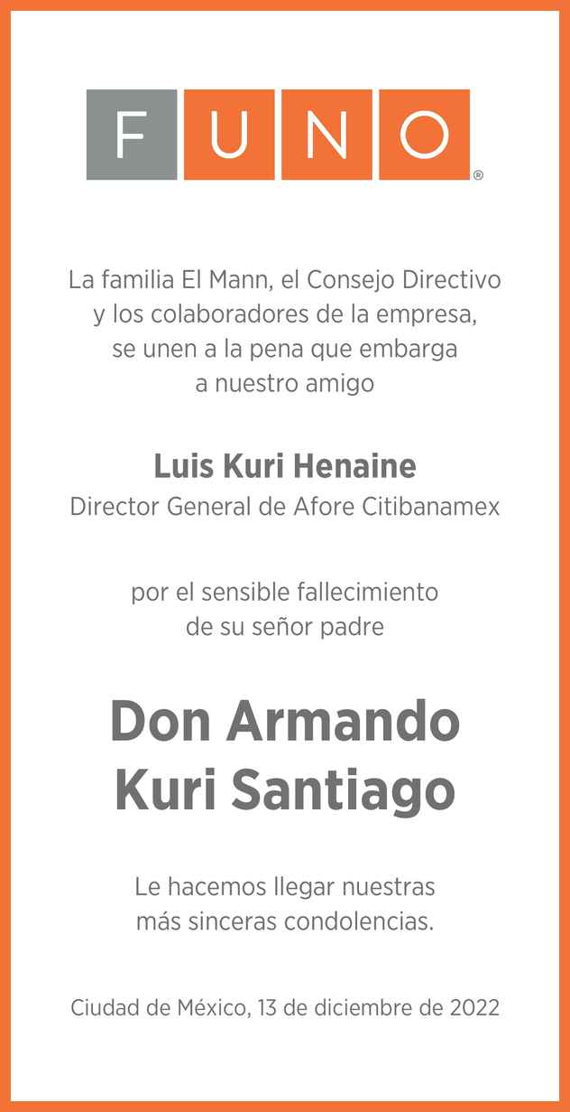 Don Armando Kuri Santiago Obituario Esquela