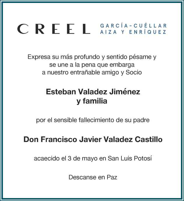 Don Francisco Javier Valadez Castillo Obituario Esquela