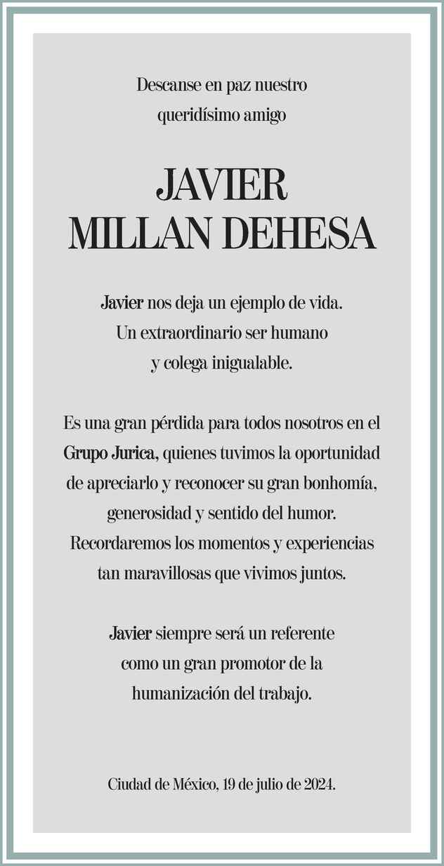 Señor Javier Millan Dehesa Obituario Esquela